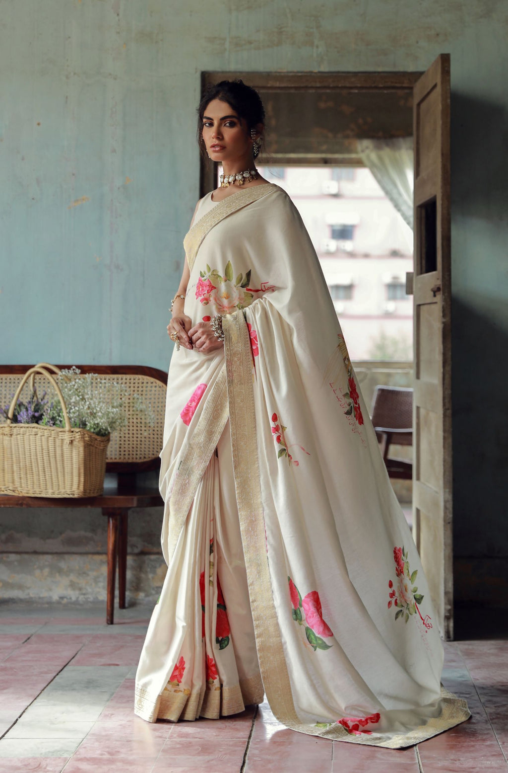 Roop (Luminous Grace) - Beige & Pink Saree – Manto UK